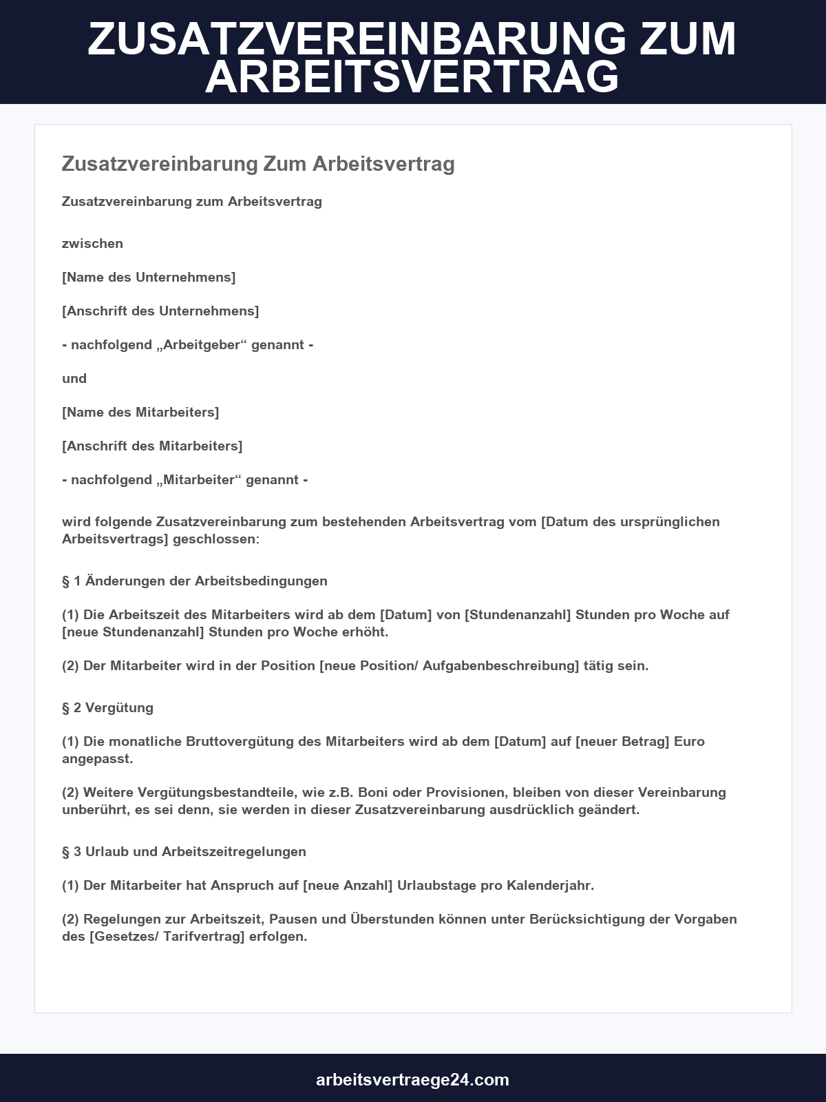 Zusatzvereinbarung Zum Arbeitsvertrag Muster